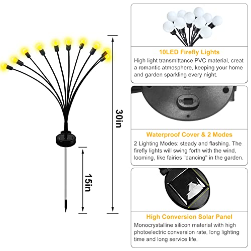 Solar Garden Lights Outdoor Waterproof, 𝐍𝐞𝐰 𝐔𝐩𝐠𝐫𝐚𝐝𝐞𝐝 10LED Firefly Lights Solar Outdoor, 2 Modes Breath & Warm White, Solar Outdoor Lights Decorative for Yard Pathway Landscape, 2 Pack