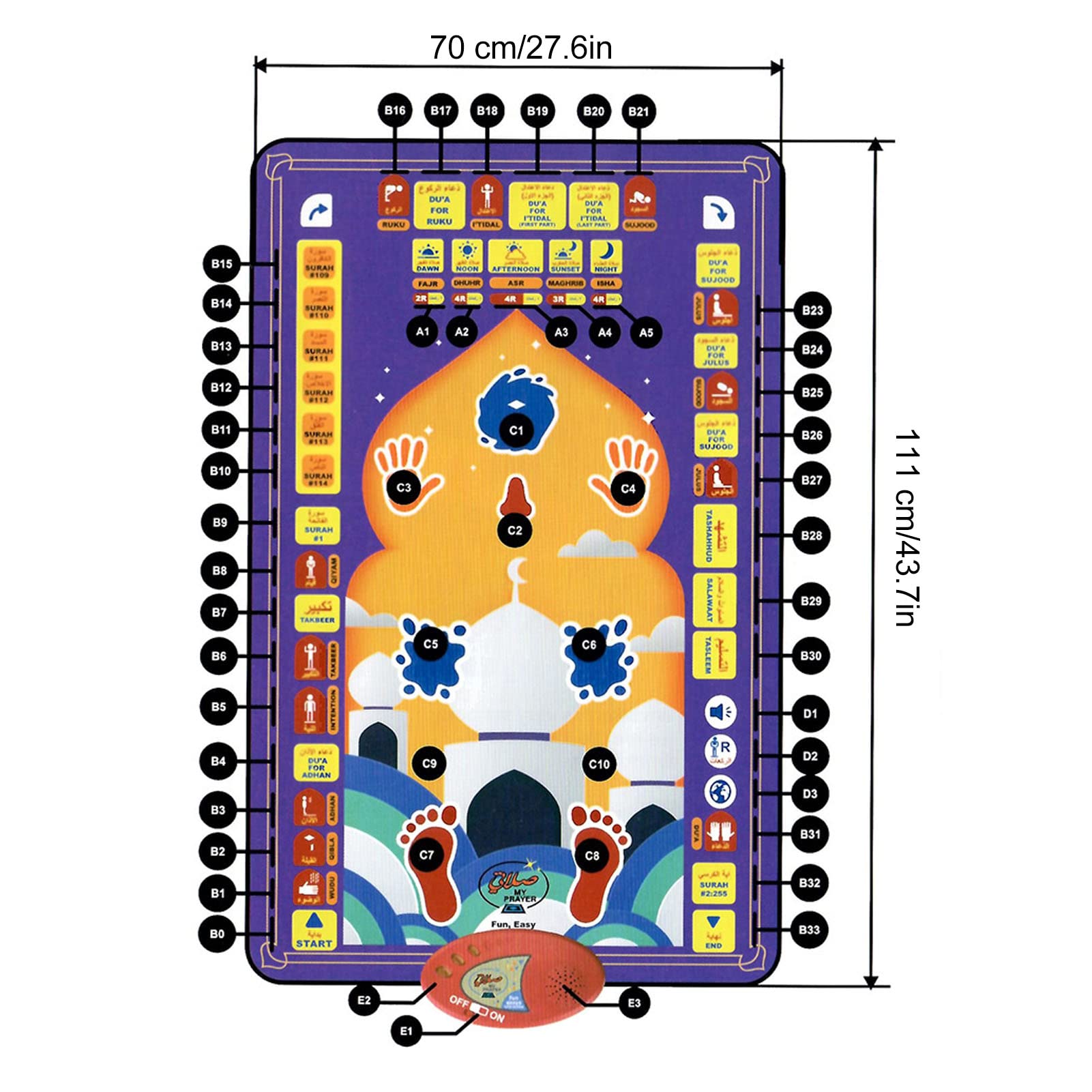 Electronic Muslim Prayer Mat, Convenient 7 Languages Multifunctional Smart Muslim Prayer Mat for Children Over 3 Years Old