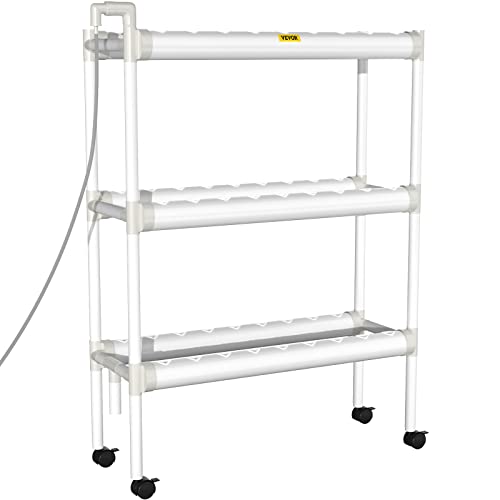 VEVOR Hydroponics Growing System, 54 Sites 6 Food-Grade PVC-U Pipes, 3 Layers Indoor Planting Kit with Water Pump, Timer, Nest Basket, Sponge for Fruits, Vegetables, Herb, White