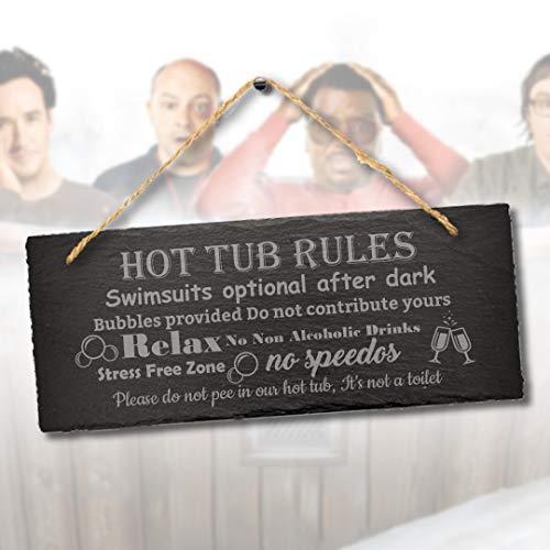 Hot Tub Rules Swimsuits Optional Engraved Hanging Slate Sign Pool Garden Plaque