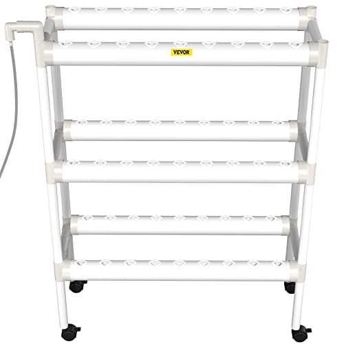 VEVOR Hydroponics Growing System, 54 Sites 6 Food-Grade PVC-U Pipes, 3 Layers Indoor Planting Kit with Water Pump, Timer, Nest Basket, Sponge for Fruits, Vegetables, Herb, White