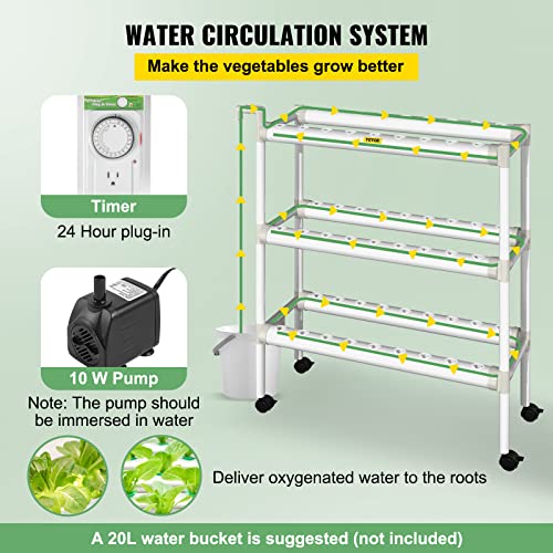 VEVOR Hydroponics Growing System, 54 Sites 6 Food-Grade PVC-U Pipes, 3 Layers Indoor Planting Kit with Water Pump, Timer, Nest Basket, Sponge for Fruits, Vegetables, Herb, White