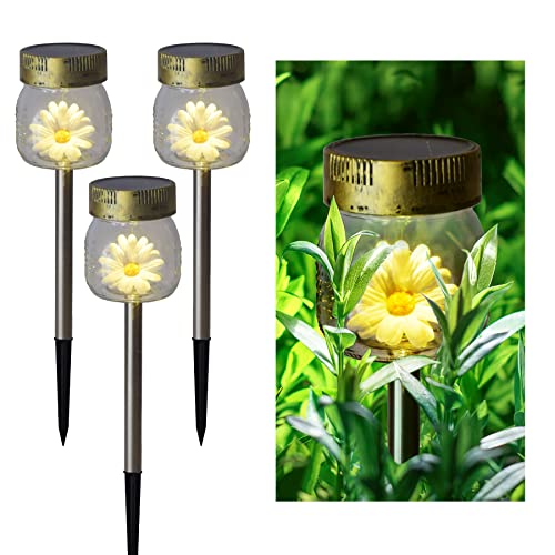 3-Pack Glass Daisy Flower in a Jar Stake Lights - Solar LED Waterproof Outdoor Garden Decor - Decorative Electronic Light Fixture Jars for Yard, Lawn, Patio, Deck, Pathway, Pond, Backyard