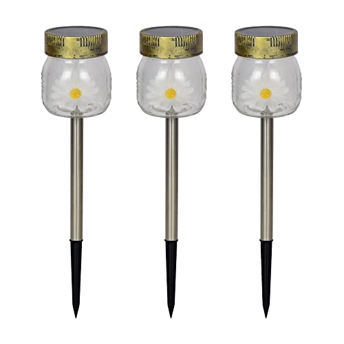 3-Pack Glass Daisy Flower in a Jar Stake Lights - Solar LED Waterproof Outdoor Garden Decor - Decorative Electronic Light Fixture Jars for Yard, Lawn, Patio, Deck, Pathway, Pond, Backyard