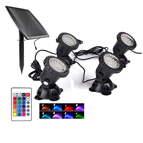 Solar Fountain Lights, RGB Spot Lights for Yard, Color Changing Pond Lights, IP68 Waterproof Underwater Spotlights Outdoor Landscape Lights for Halloween House Garden Pathway Tree Flag, 4 Lights