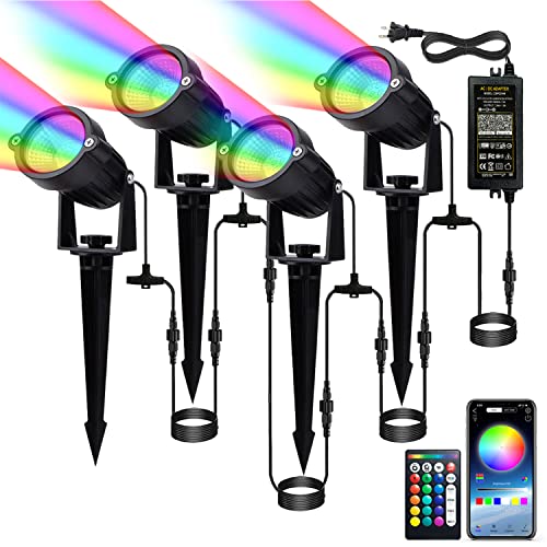 Led Landscape Lighting 12W RGB Color Changing Bluetooth App Controlled 24V Low Voltage Landscape Lights with Transformer,IP66 Waterproof Outdoor Spotlights for Trees/Pathway/Garden Lights(4Pack)