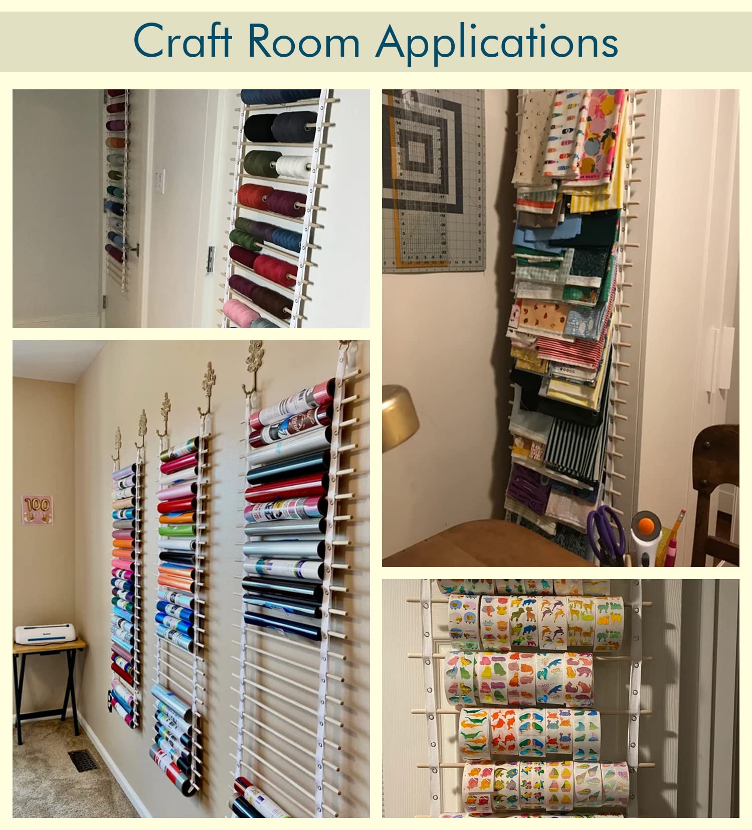 Vinyl Roll Holder, 25 Rolls, ZENXUS Craft Roll Storage and Organizer, Cotton Straps and Wood Dowels, with Door Hanging Hooks