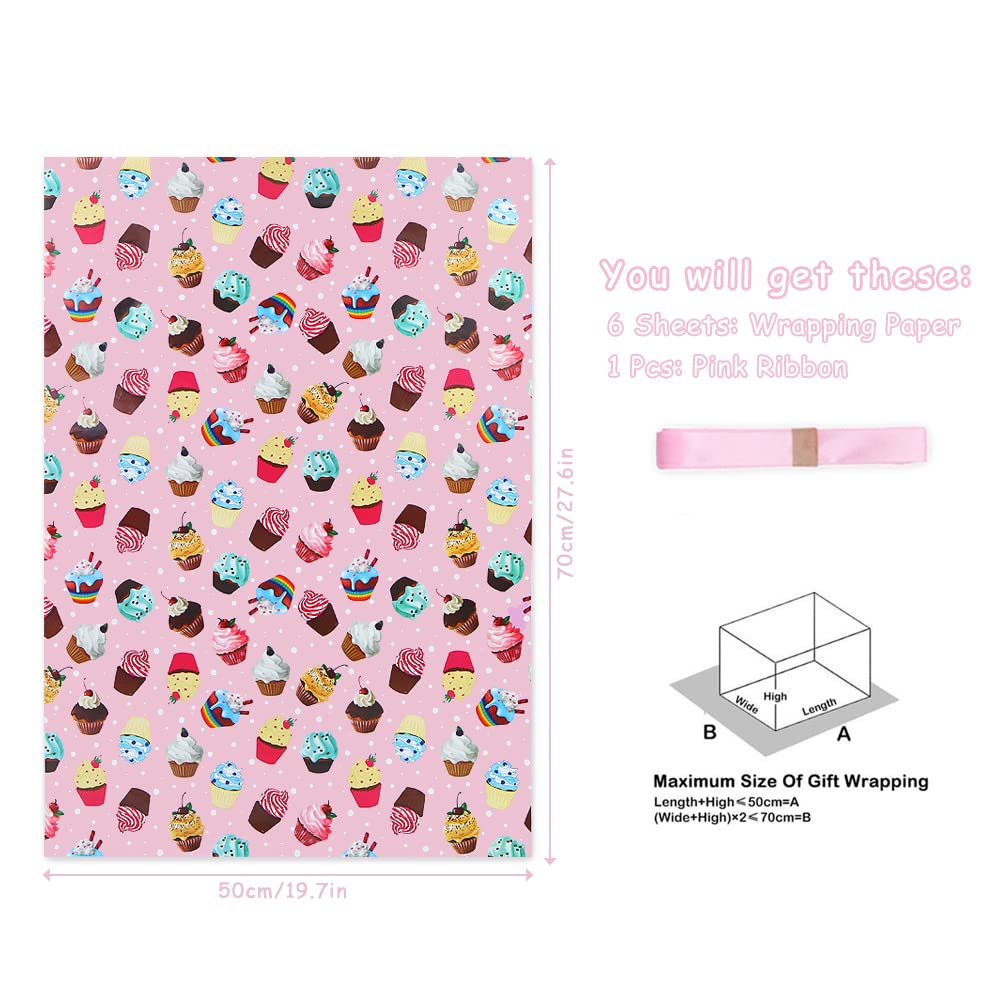 Boerni Pink Birthday Wrapping Papers, 6 Sheets Cupcake Muffin Printed Pattern Wrap Papers, 20 x 28 inch Per Sheet Folded Flat with 1 Roll Pink Ribbon for Baby Shower Wedding Girls Gift Wrap
