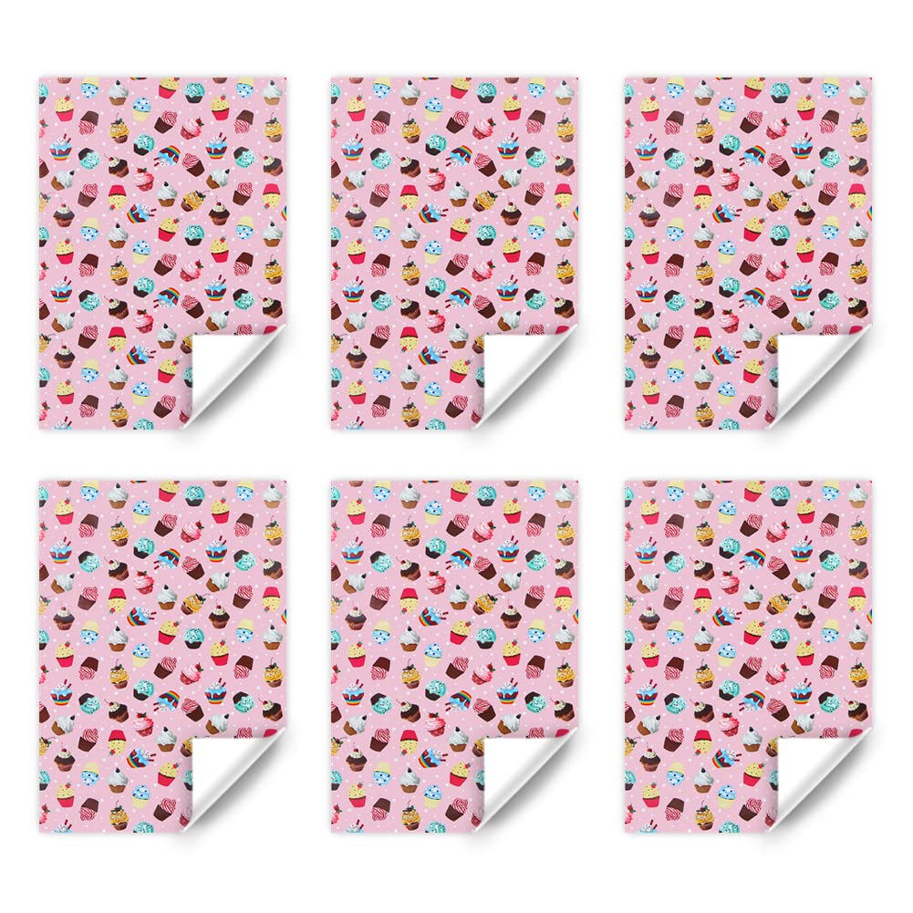 Boerni Pink Birthday Wrapping Papers, 6 Sheets Cupcake Muffin Printed Pattern Wrap Papers, 20 x 28 inch Per Sheet Folded Flat with 1 Roll Pink Ribbon for Baby Shower Wedding Girls Gift Wrap