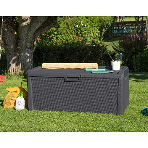 Toomax Z156RD97 Santorini Plus Lockable Deck Storage Box Bench for Cushioned Outdoor Pool Patio Garden Furniture & Indoor Toy Bin Container, 145 Gallon (Anthracite)