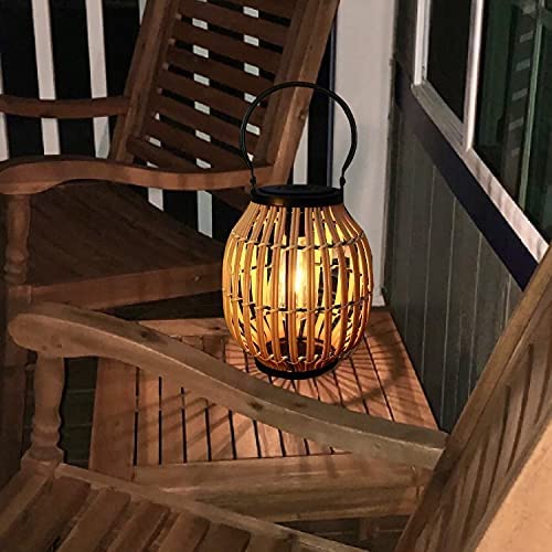 Outdoor Solar Lantern Lights Hanging Large Rattan Garden Lantern Waterproof- Rustic Table Lamp with Edison Bulb Women Gift Decoration for Garden Patio Boho Wedding