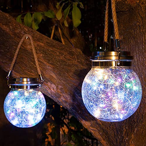 NMM Hanging Solar Lantern Outdoor with 30 LED, 2 Pack Solar Powered Crackle Glass Ball Waterproof Garden Lights with Handle for Garden Balcony Courtyard Yard Patio Lawn Decoration(Colorful)