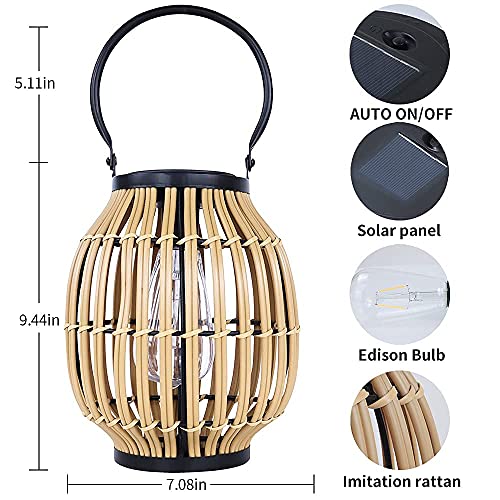 Outdoor Solar Lantern Lights Hanging Large Rattan Garden Lantern Waterproof- Rustic Table Lamp with Edison Bulb Women Gift Decoration for Garden Patio Boho Wedding