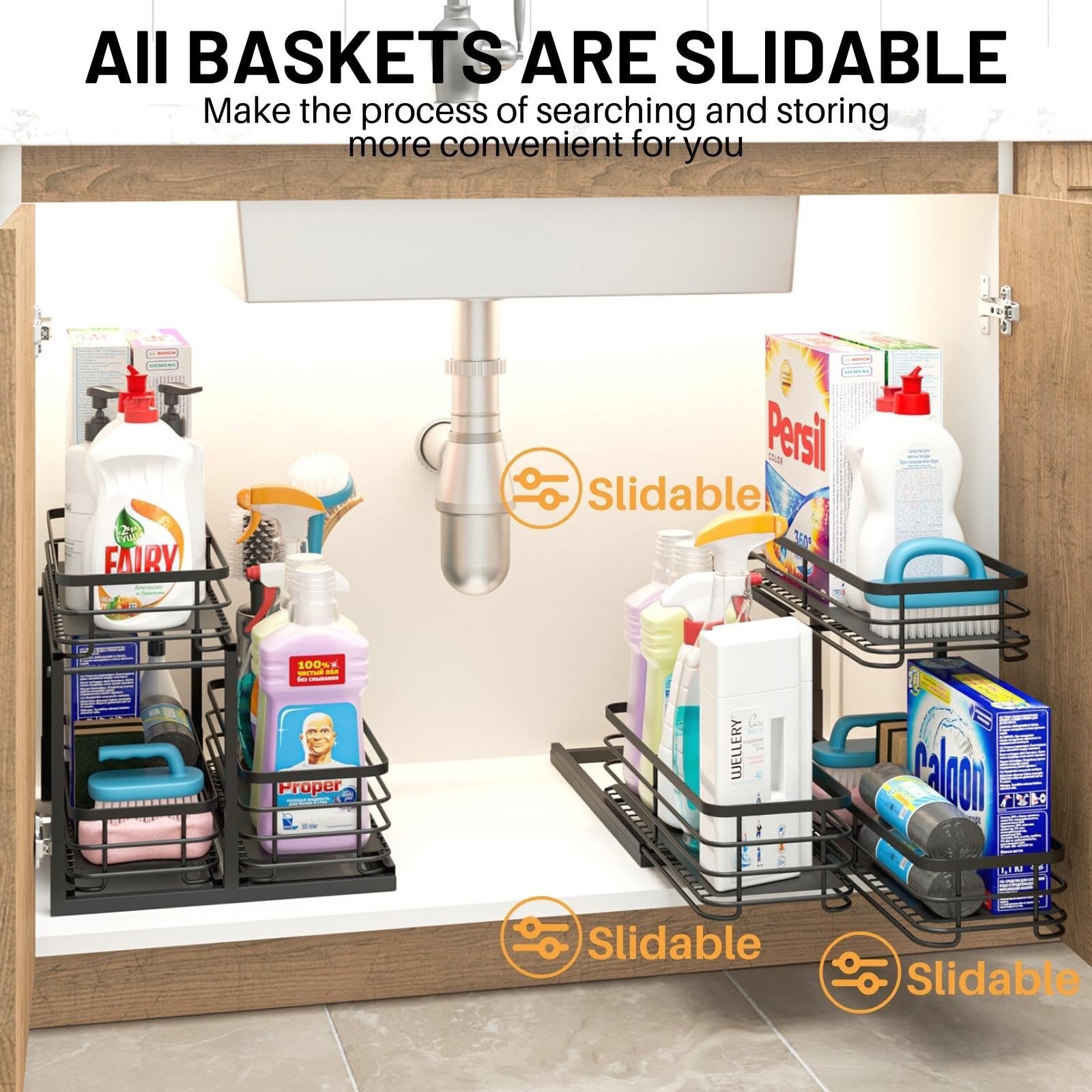 Ofiray-home Under Sink Organizer - 2 Tier Pull Out Cabinet Organizers and Storage, 3 Baskets Slide Out Kitchen Organization for Counter Space, for Bathroom, Pantry, Laundry Room, New Home Essentials