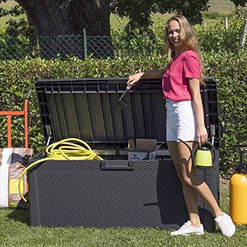 Toomax Z156RD97 Santorini Plus Lockable Deck Storage Box Bench for Cushioned Outdoor Pool Patio Garden Furniture & Indoor Toy Bin Container, 145 Gallon (Anthracite)