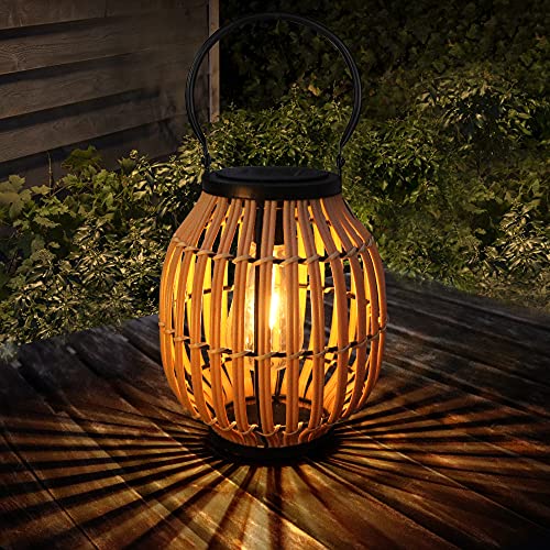 Outdoor Solar Lantern Lights Hanging Large Rattan Garden Lantern Waterproof- Rustic Table Lamp with Edison Bulb Women Gift Decoration for Garden Patio Boho Wedding