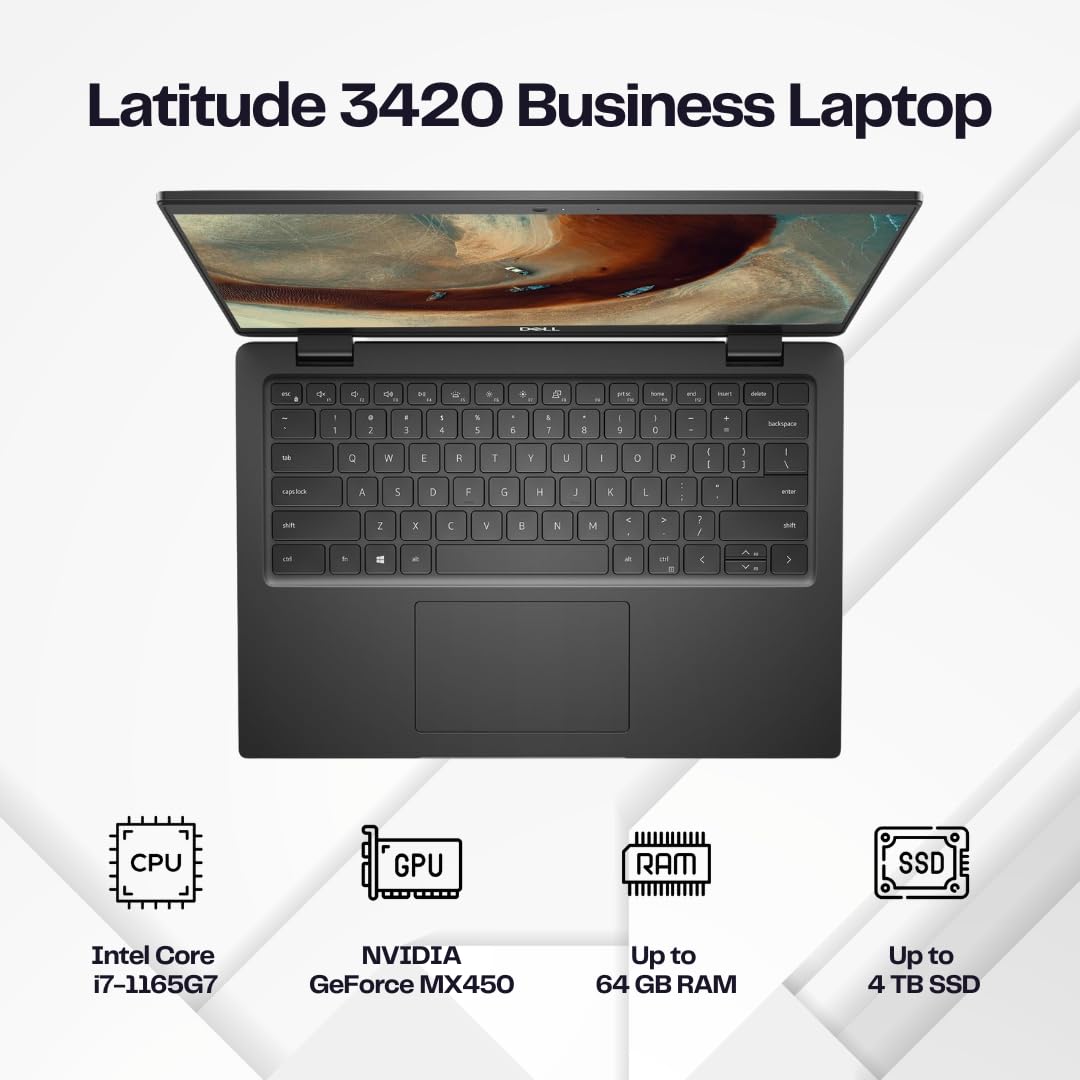 DELL Latitude 3000 Series 3420 Business Laptop, 14" FHD Display, Intel Core i7-1165G7, NVIDIA GeForce MX450, 16GB RAM, 1TB SSD, Webcam, FP Reader, Backlit KB, HDMI, RJ-45, Wi-Fi, Windows 11 Pro