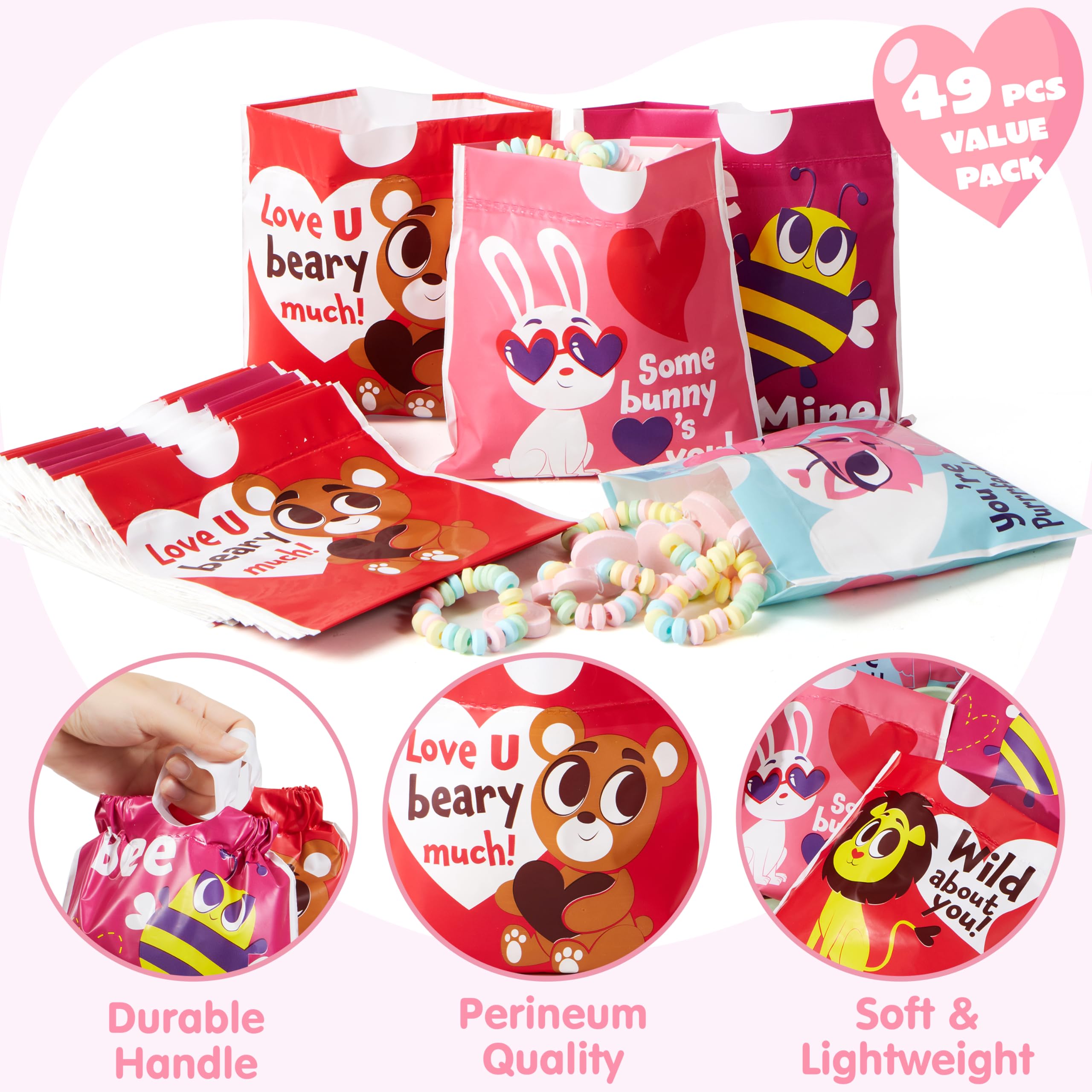 JOYIN 70 Pcs Valentine Gift Bags Drawstring Candy Bags Valentine Mini Plastic Goodie Bags for Kids Valentines Day Party Favor Supply