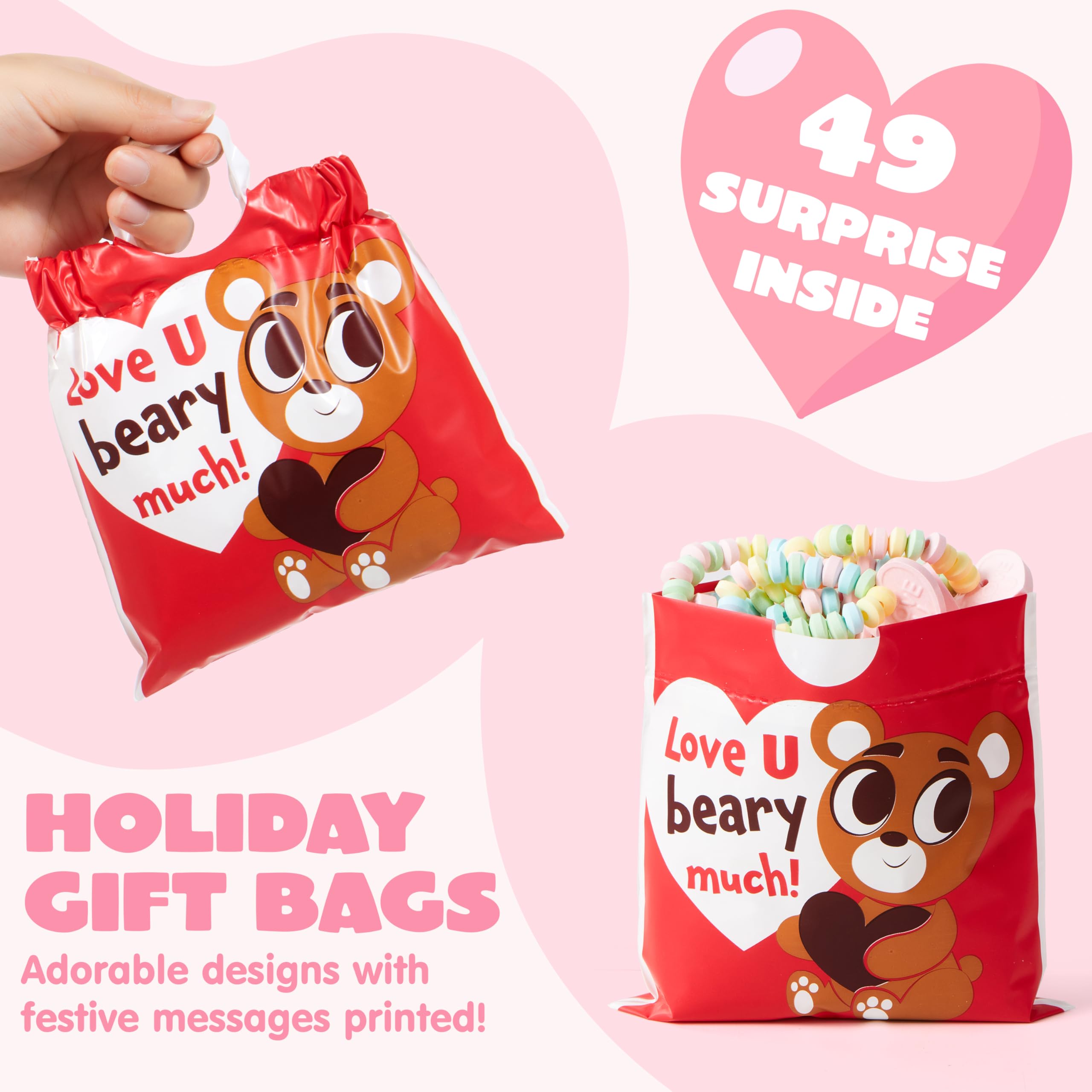 JOYIN 70 Pcs Valentine Gift Bags Drawstring Candy Bags Valentine Mini Plastic Goodie Bags for Kids Valentines Day Party Favor Supply