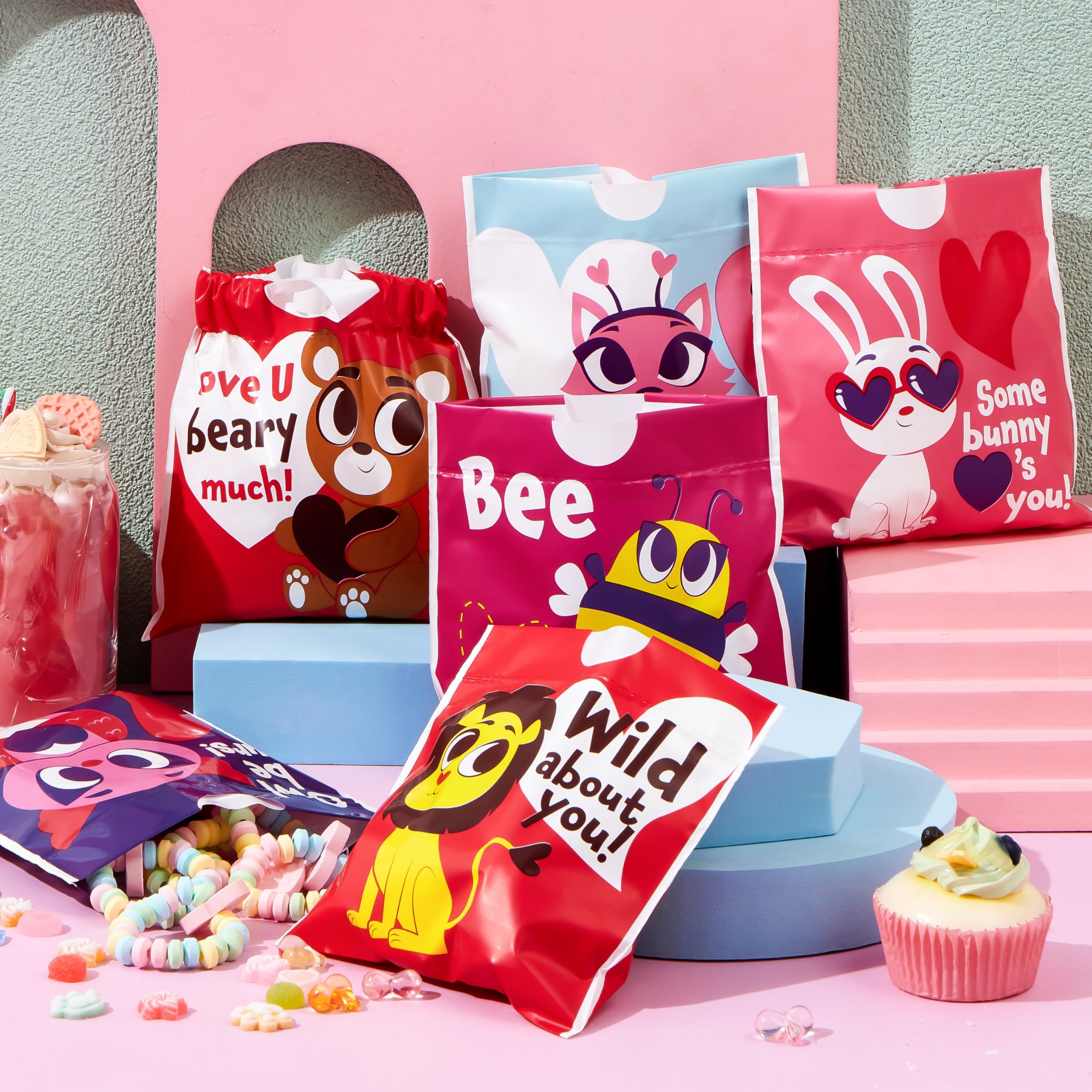 JOYIN 70 Pcs Valentine Gift Bags Drawstring Candy Bags Valentine Mini Plastic Goodie Bags for Kids Valentines Day Party Favor Supply