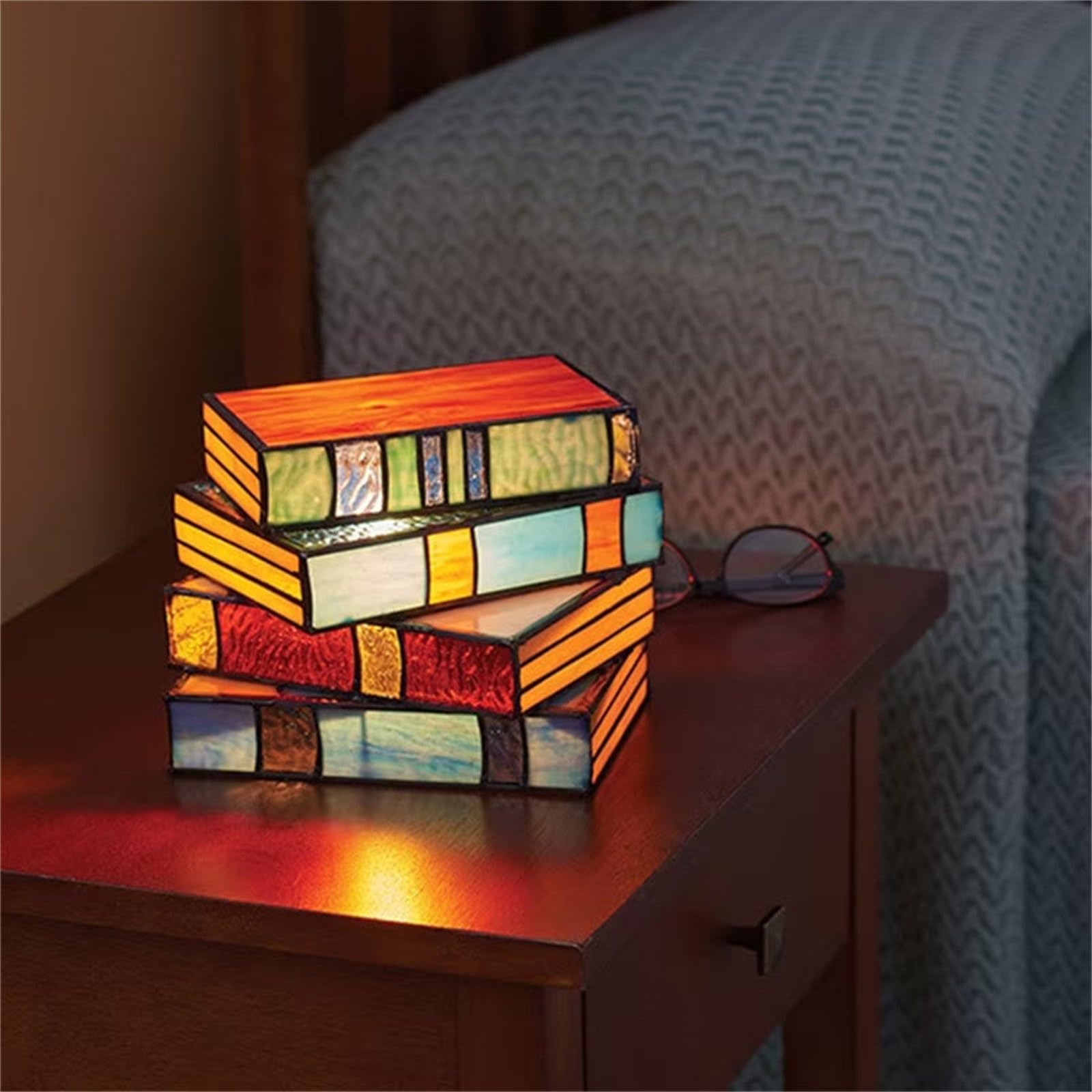 HWZQDJ Stained Glass Stacked Books Lamp Colored Handmade Resin Book Shaped Night Light, Bedside Counter Book Lamp Reading Corner Lighting Home Decor