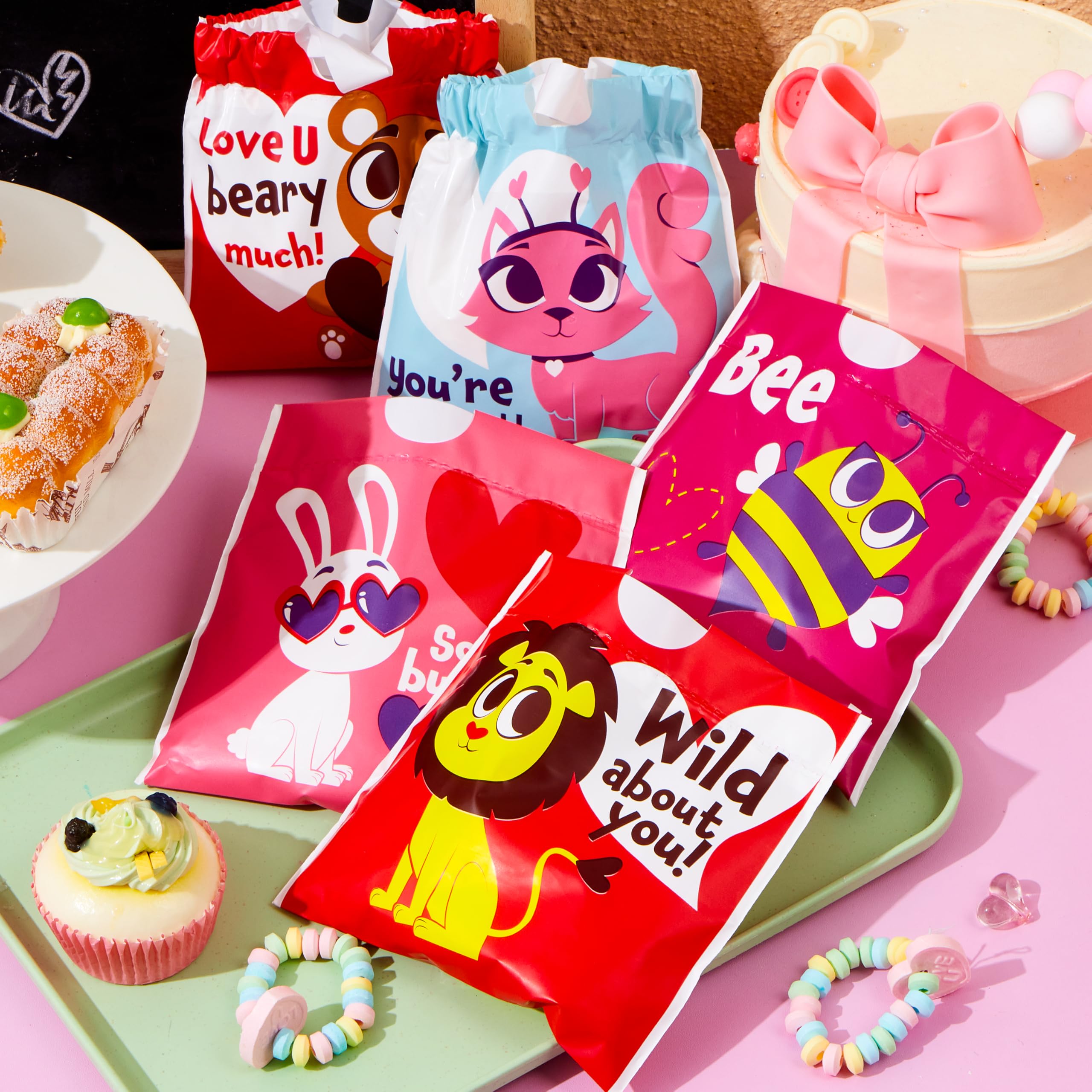 JOYIN 70 Pcs Valentine Gift Bags Drawstring Candy Bags Valentine Mini Plastic Goodie Bags for Kids Valentines Day Party Favor Supply