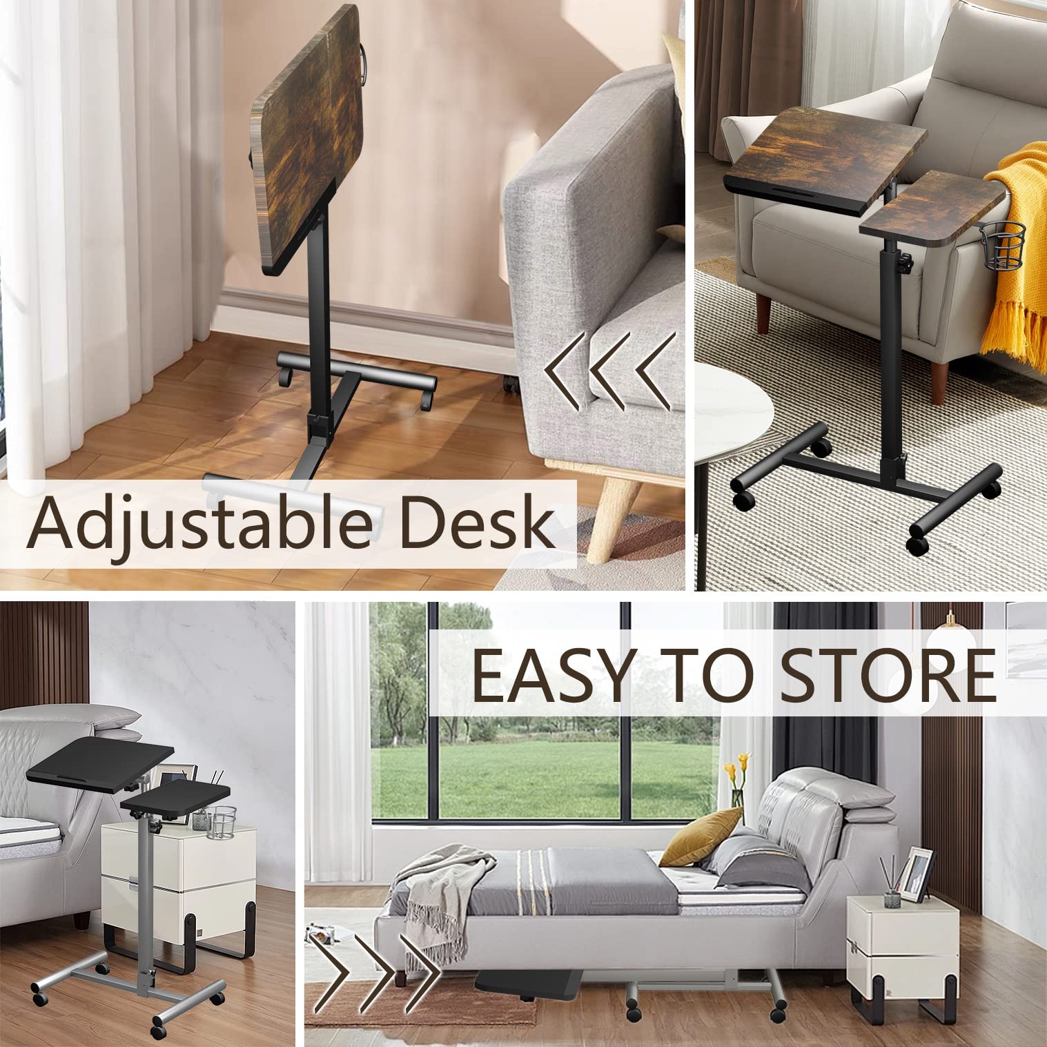 LvnRaay Height Adjustable Laptop Sit to Stand Up Desk with Wheels Cup Holder, Overbed Table with Wheels Adjustable Height Mobile Laptop Stand Desk, 40'' Rolling Desk Laptop Stand for Couch (Black)