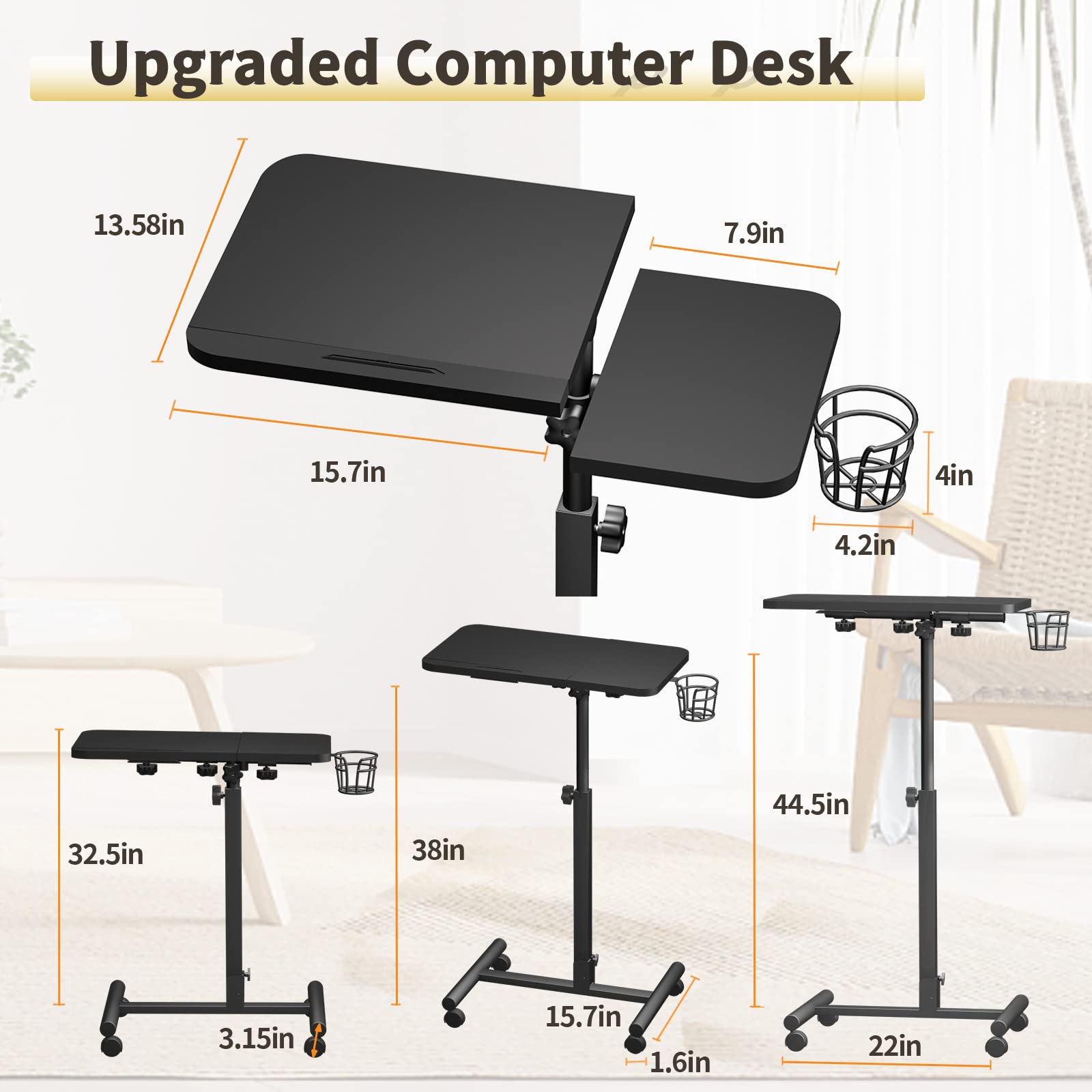 LvnRaay Height Adjustable Laptop Sit to Stand Up Desk with Wheels Cup Holder, Overbed Table with Wheels Adjustable Height Mobile Laptop Stand Desk, 40'' Rolling Desk Laptop Stand for Couch (Black)