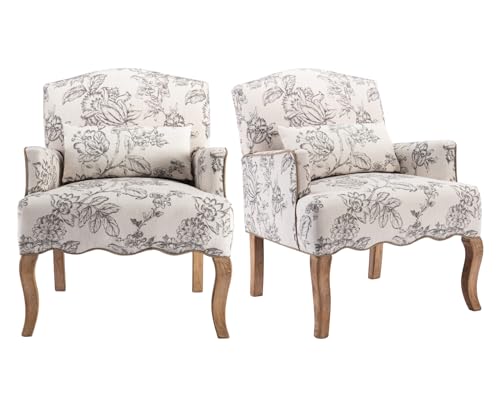 Shunzhi Mid Century Accent Chairs Modern Floral Armchair Upholstered Reading Chair Linen Farmhouse Single Sofa Chair with Pillow for Bedroom/Living Room/Fireplace, Beige, 2PC