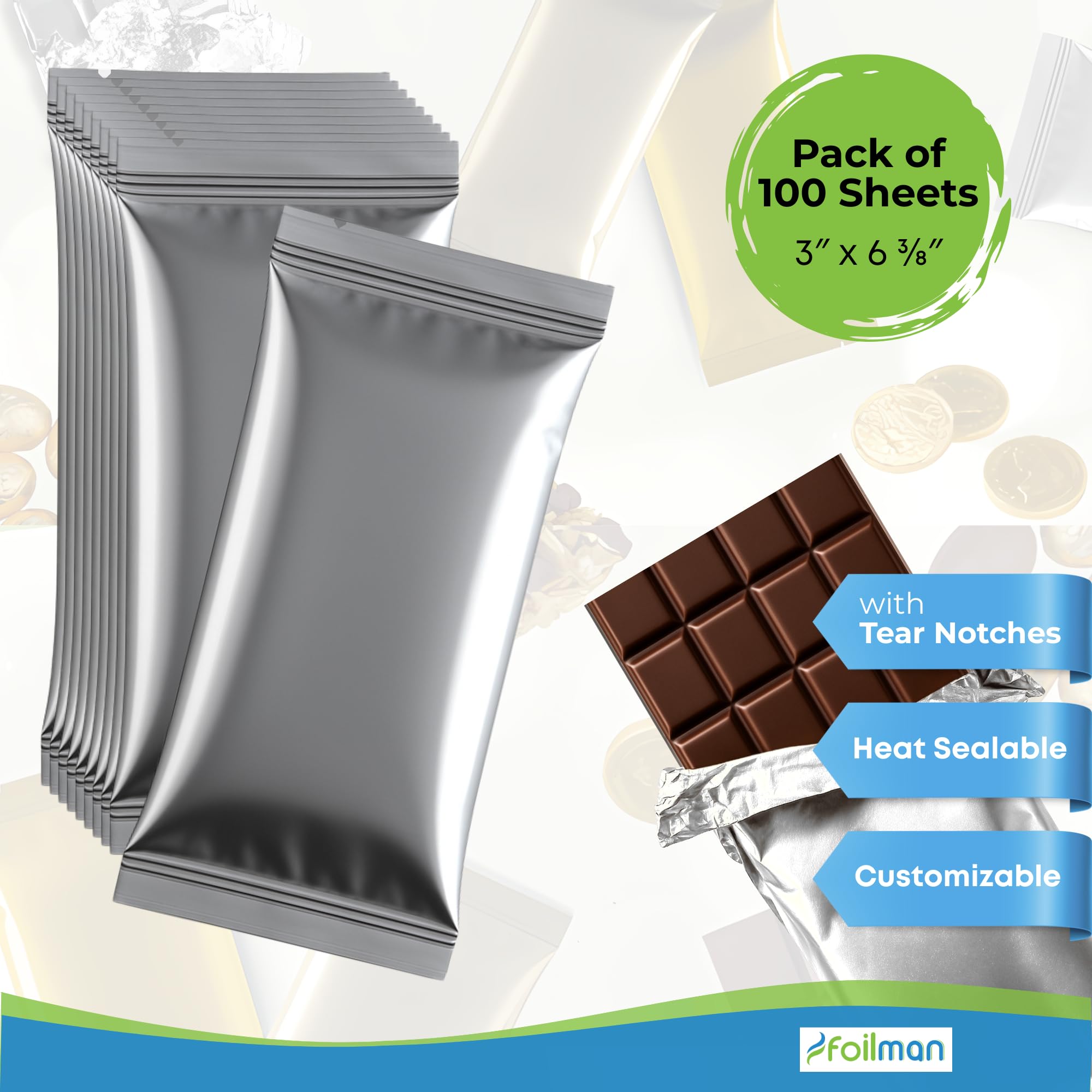 Foilman - Heat Seal Bags {Metallized} For Chocolate Bar Wrapping - Actual bags size 3 x 6 3/8 - Fits Bar Size 2.25 x 5.5 Inches (100 Pack) (Silver)