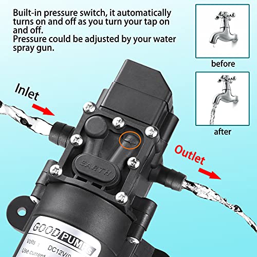 VeYocilk DC 12V Water Pump Diaphragm Pump Self Priming Sprayer Pump with Pressure Switch with 2 Hose Clamps for Garden Lawn