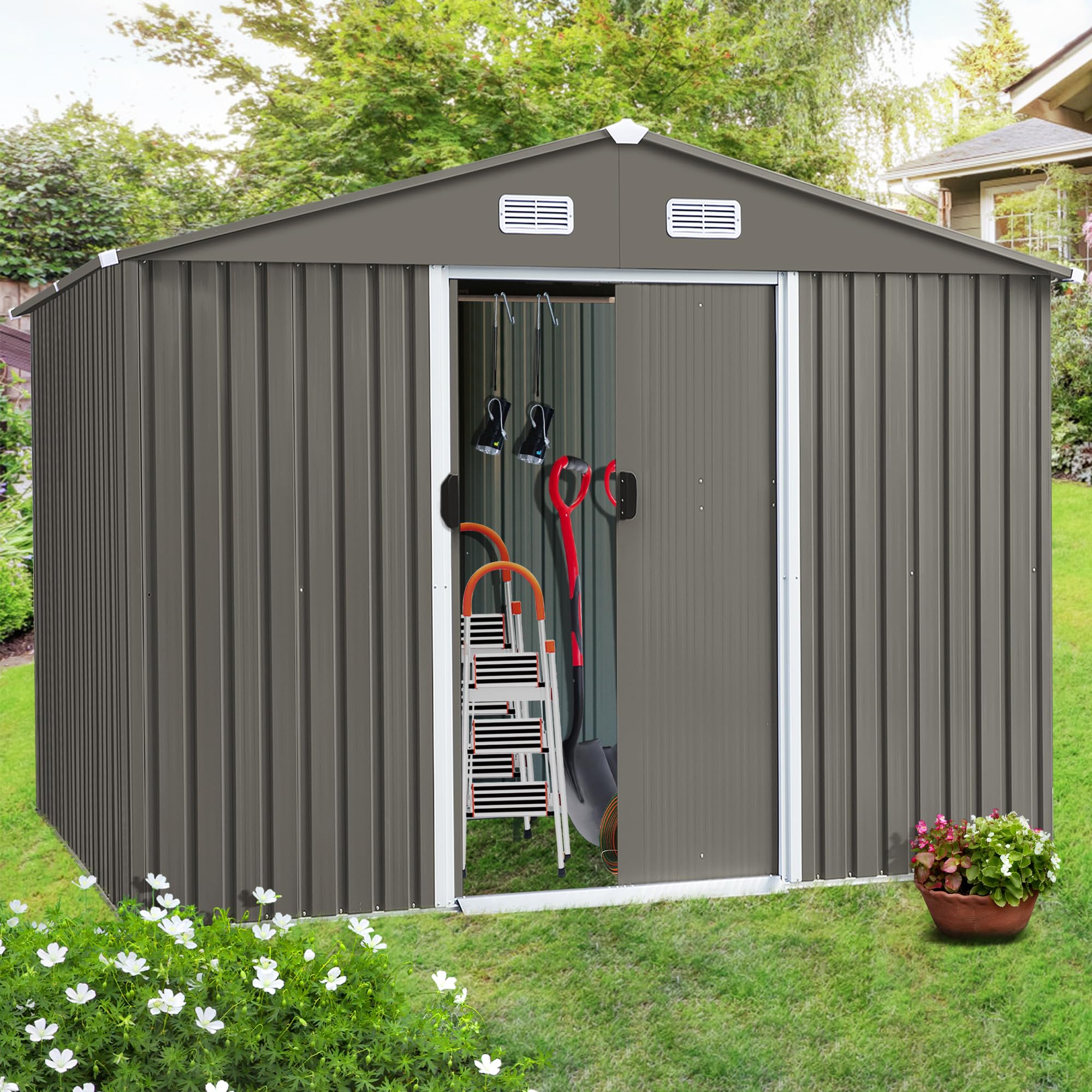 MIRAFIT Storage Shed 8x10 Ft, Outdoor Storage Cabinet Galvanized Steel Sheds with Sliding Door, Garden Metal Shed for Tool, Bike, Lawn Mower, Backyard, Patio,Olive Gray