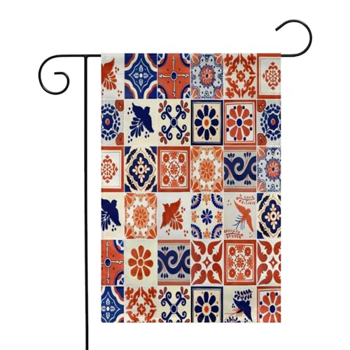 Double-sided garden flag Mexican Talavera Ceramic Tile Pattern Ethnic Folk Outdoor Flag Garden Flag Yard Outdoor Decoration (12×18in).