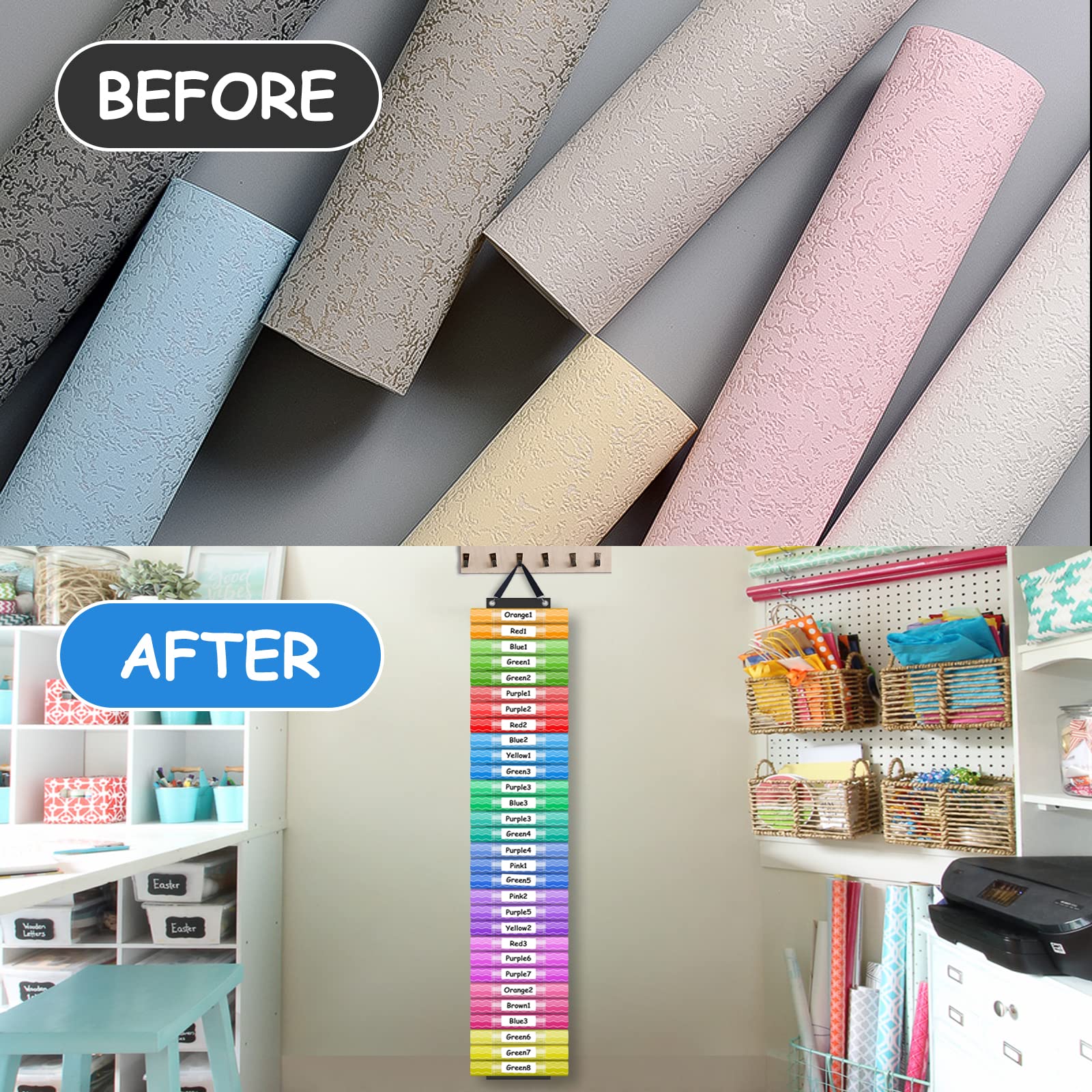 ABCxGOOD 60 Compartments Vinyl Rolls Holder,Vinyl Storage Organizer Door/Closet Hanging/Wall Mounting,Craft Vinyl Storage Rack with Name Sticker,Heavy-duty Hooks for Craft Room,Black