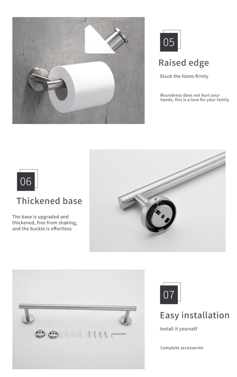 Bathroom Hardware Set Accessories Kit Brushed Stainless Steel Round Wall Rack Hand Bar Toilet Roll Paper Holder Robe Towel Hook,PC,Towel bar,45cm