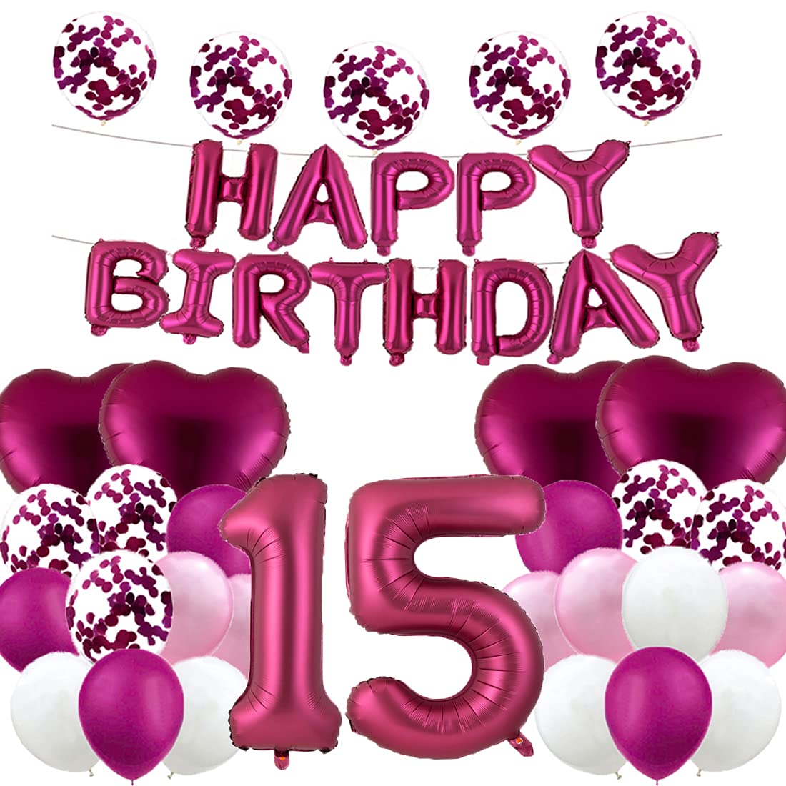 Sweet 15th Birthday Balloon 15th Birthday Decorations Happy 15th Birthday Party Supplies Burgundy Number 15 Foil Mylar Balloons Latex Balloon Gifts for Girls,Boys,Women,Men