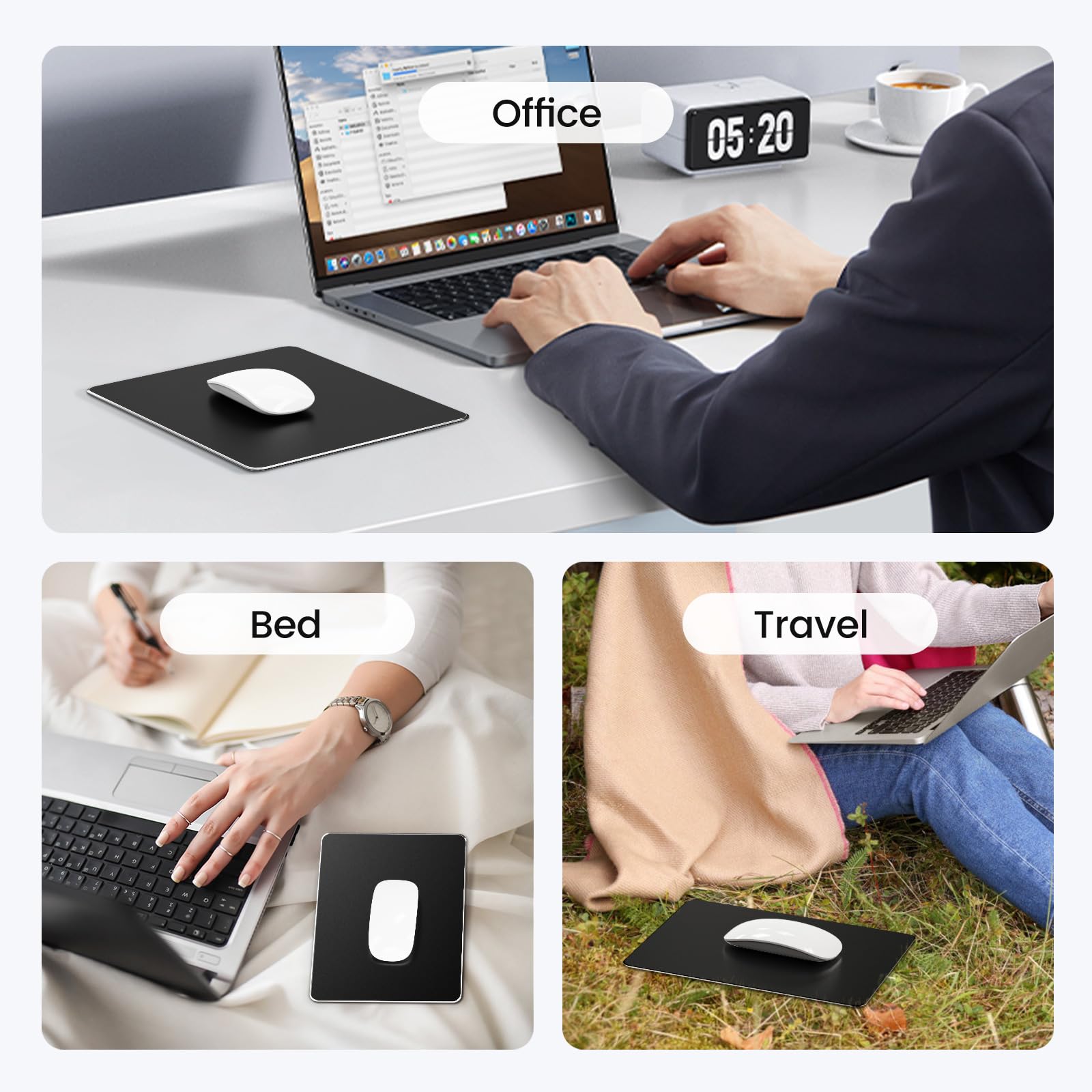 HONKID Metal Aluminum Mouse Pad, Office and Gaming Thin Hard Mouse Mat Double Sided Waterproof Fast and Accurate Control Mousepad for Laptop, Computer and PC,9.05"x7.08", Black