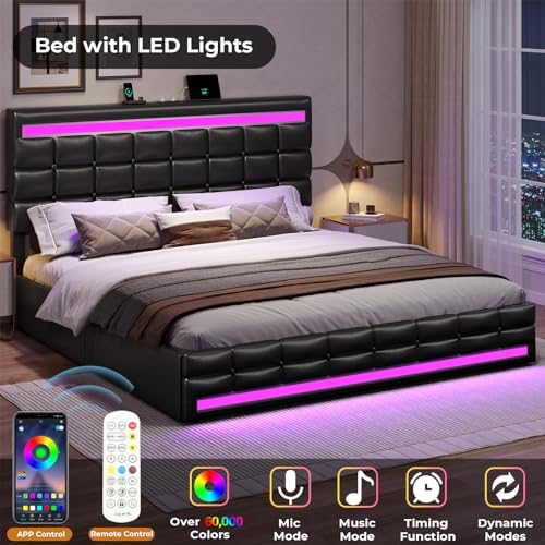 BTHFST King Size Bed Frame with LED Lights,PU Leather Bed with Storage Drawers & Adjustable Headboard,Platform Bed with Power Outlets,Noise-Free,Black