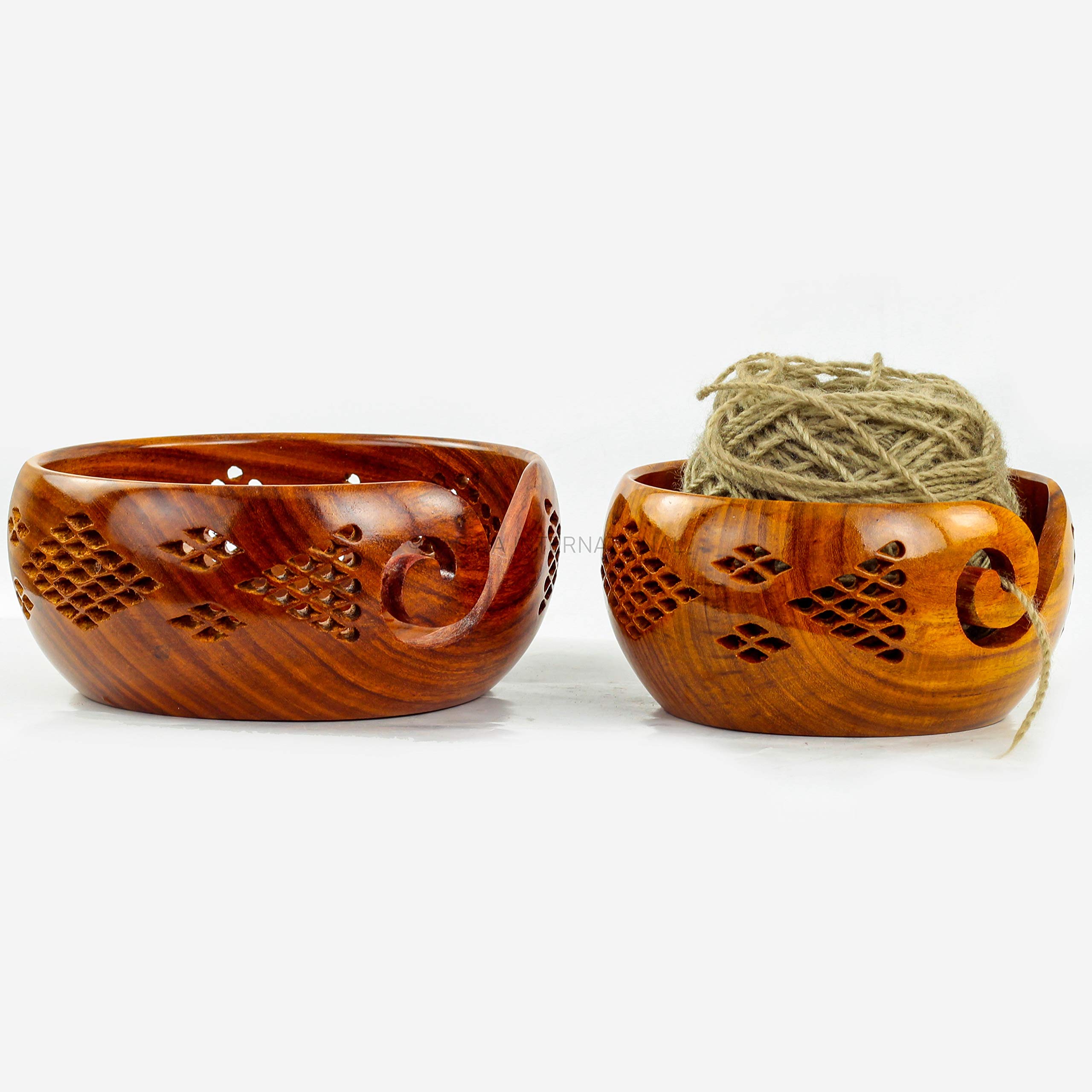 Premium Rosewood Crafted Yarn Storage Bowls with Decorative Carved Handmade Grills - Knitting & Crochet Accessories Supplies (Set)