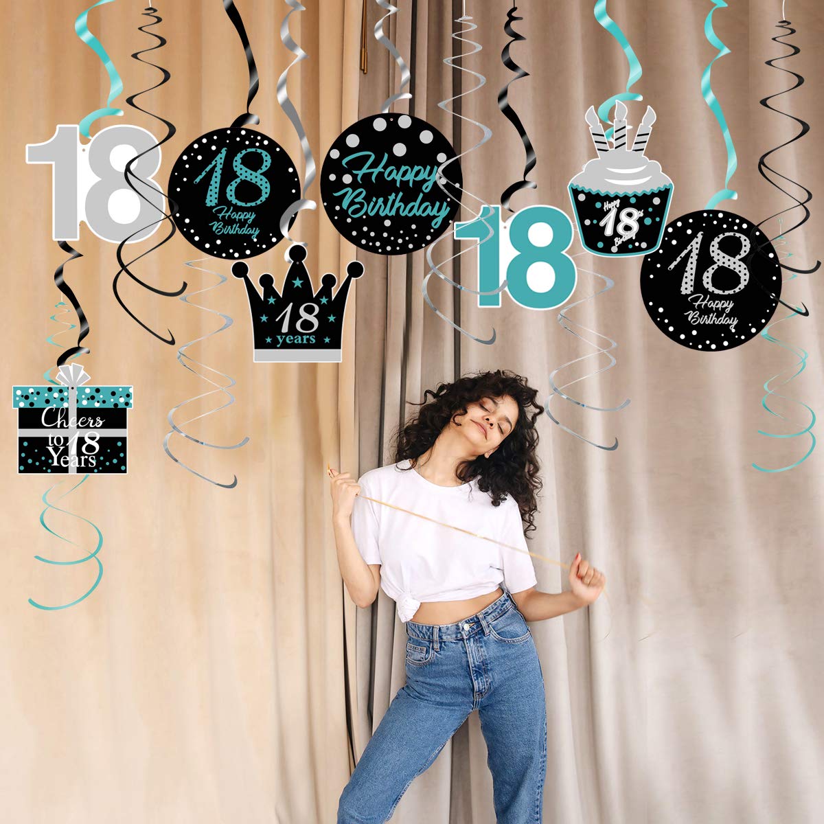 18th Birthday Decorations for Girls Teal Silver Black 18th Birthday Hanging Swirls 18th Birthday Decorations for Teal Silver 18 Years Old Party Supplies for Her