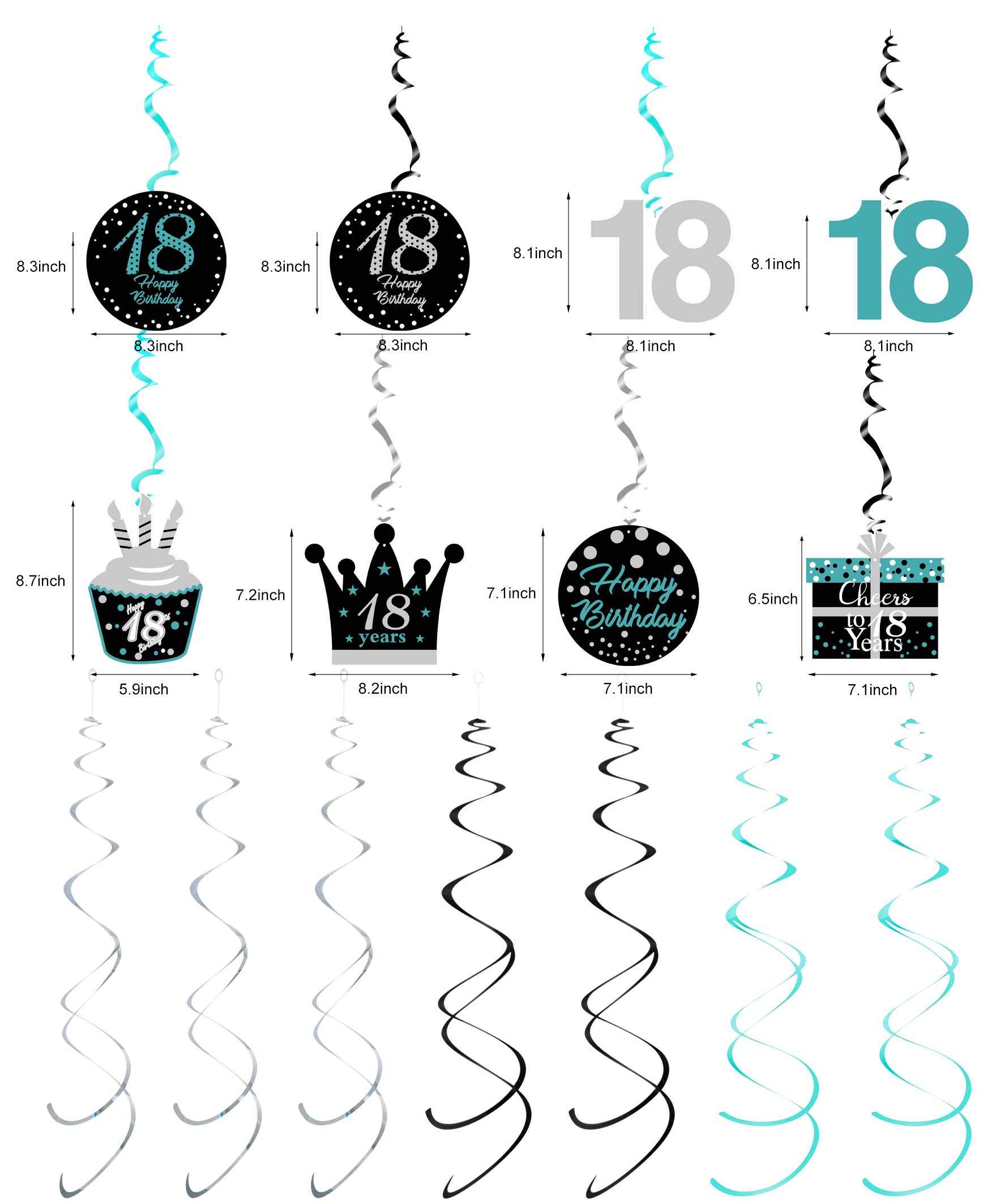 18th Birthday Decorations for Girls Teal Silver Black 18th Birthday Hanging Swirls 18th Birthday Decorations for Teal Silver 18 Years Old Party Supplies for Her