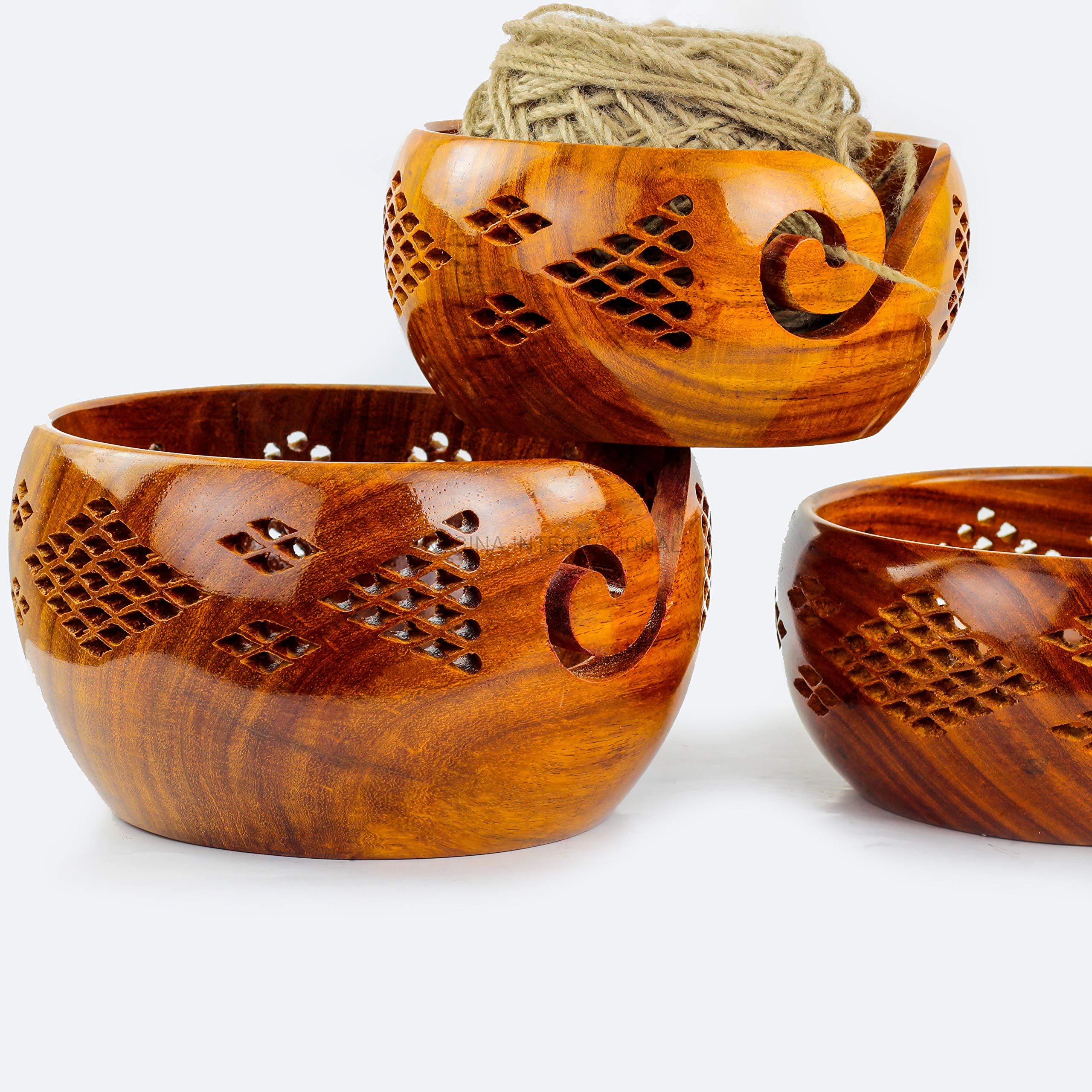 Premium Rosewood Crafted Yarn Storage Bowls with Decorative Carved Handmade Grills - Knitting & Crochet Accessories Supplies (Set)