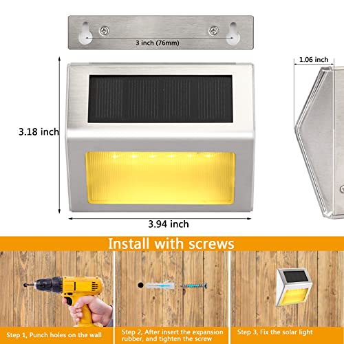 2 Pack Solar Deck Lights Outdoor Stair Lights, Warm White 6 LED Solar Step Lights Waterproof Stainless Steel Fence Lights Solar Powered Outdoor Lights for Yard, Patio, Porch, Wall, Garden Decor