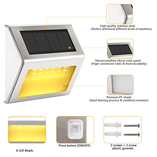 2 Pack Solar Deck Lights Outdoor Stair Lights, Warm White 6 LED Solar Step Lights Waterproof Stainless Steel Fence Lights Solar Powered Outdoor Lights for Yard, Patio, Porch, Wall, Garden Decor