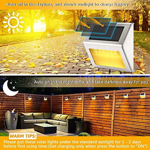 2 Pack Solar Deck Lights Outdoor Stair Lights, Warm White 6 LED Solar Step Lights Waterproof Stainless Steel Fence Lights Solar Powered Outdoor Lights for Yard, Patio, Porch, Wall, Garden Decor