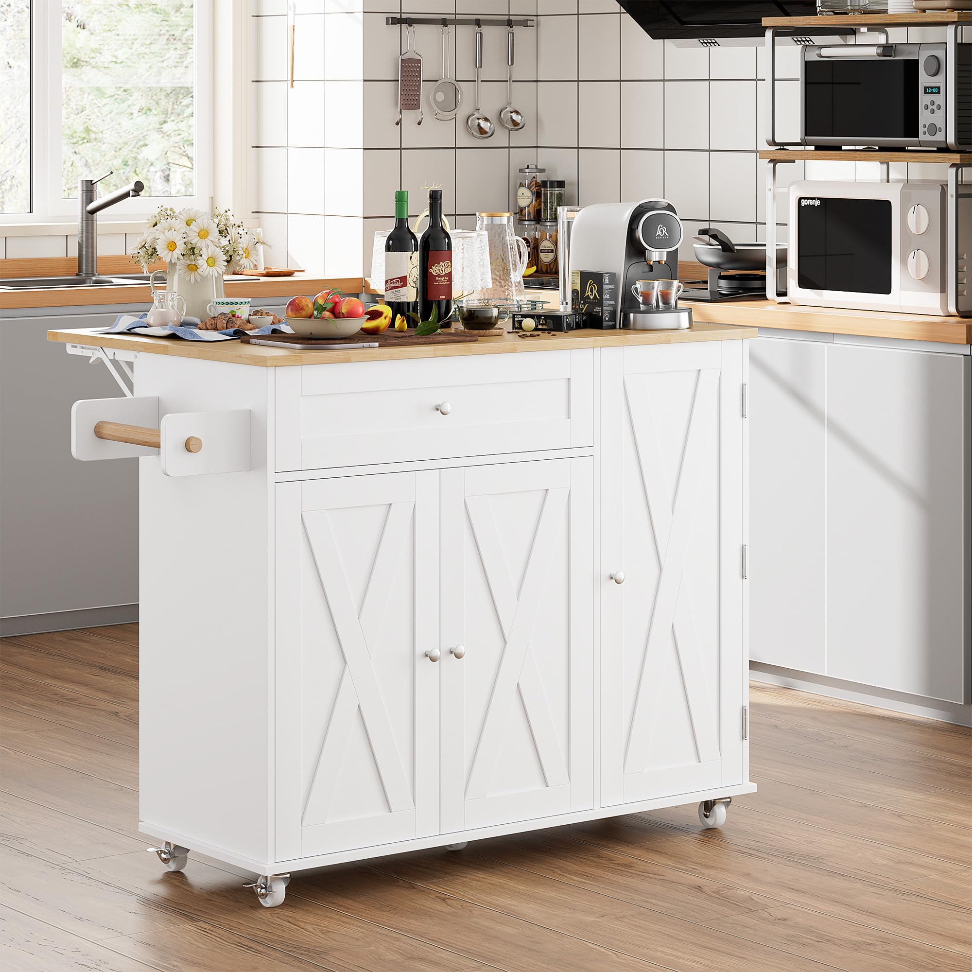 BOTLOG Kitchen Island with Storage, Island Table on Wheels with Drop Leaf, Spice Rack, Drawer, Towel Rack, Rolling Kitchen Island Cart for Dinning Room, White 15.7-27.55" D x 47.63" W x 35.43" H