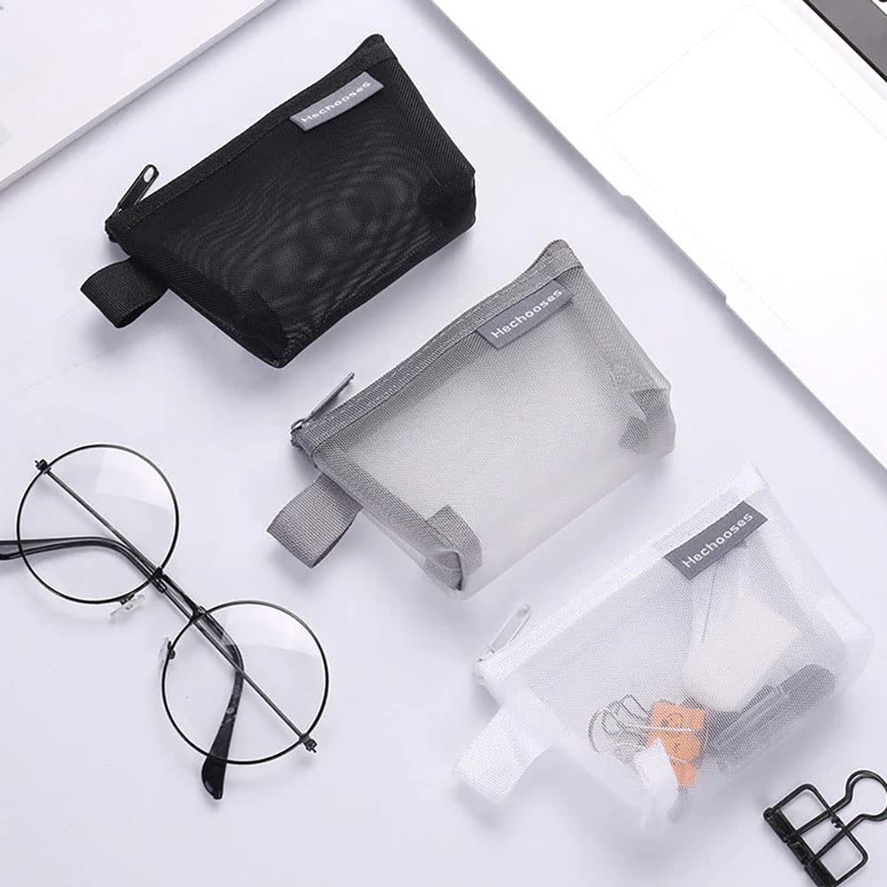 Beamach 3Pcs Hechooses 2023 New Portable Mesh Storage Bag, Hechooses Pencil Case Nylon Small Zipper Pouch Pouch Mesh Coin Purse Mini Mesh Zipper Cosmetic Bag Multi-Purpose Small Storage Bag (Grey)