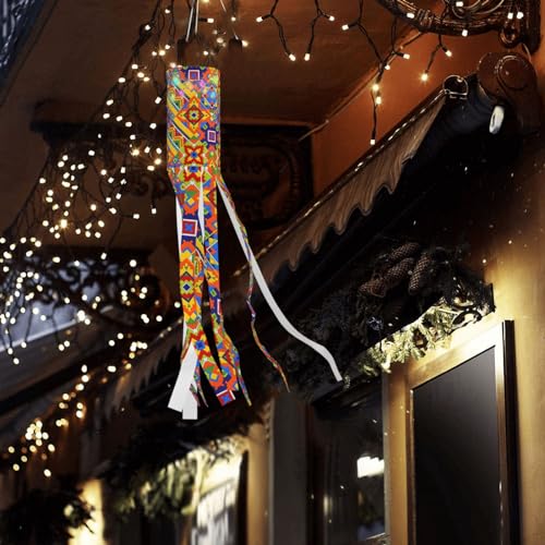 Mosaic-Ceramic Tile Pattern Halloween Windsocks Flag 40 Inch Flag Wind Socks Outdoor Hanging Decoration Halloween Decorations Halloween Decor Outdoor for Home Yard Patio with Led Light