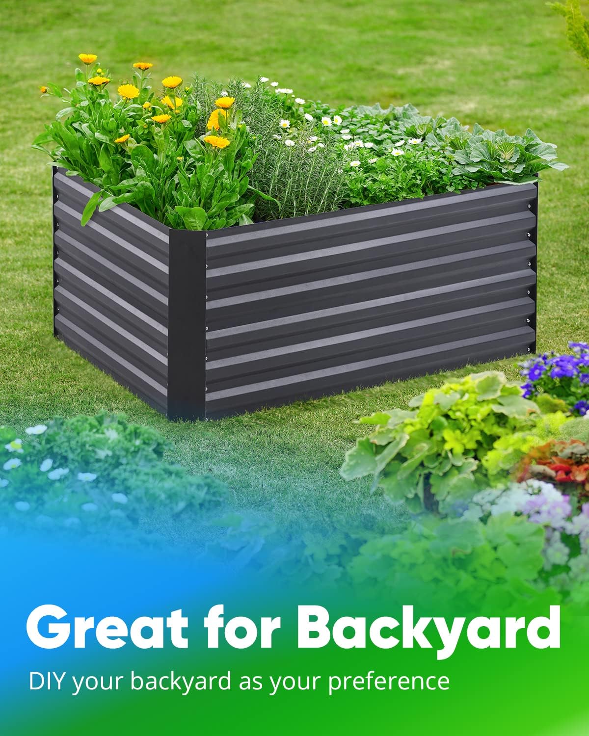 Quictent Galvanized Raised Garden Bed 8x4x1 Ft w/ 4 Tomato Cages Metal Planter Box Kit Planting Vegetables Fruits Herbs Flowers Bottomless Backyard Patio Weed Barrier Included Upgraded Wing Nuts