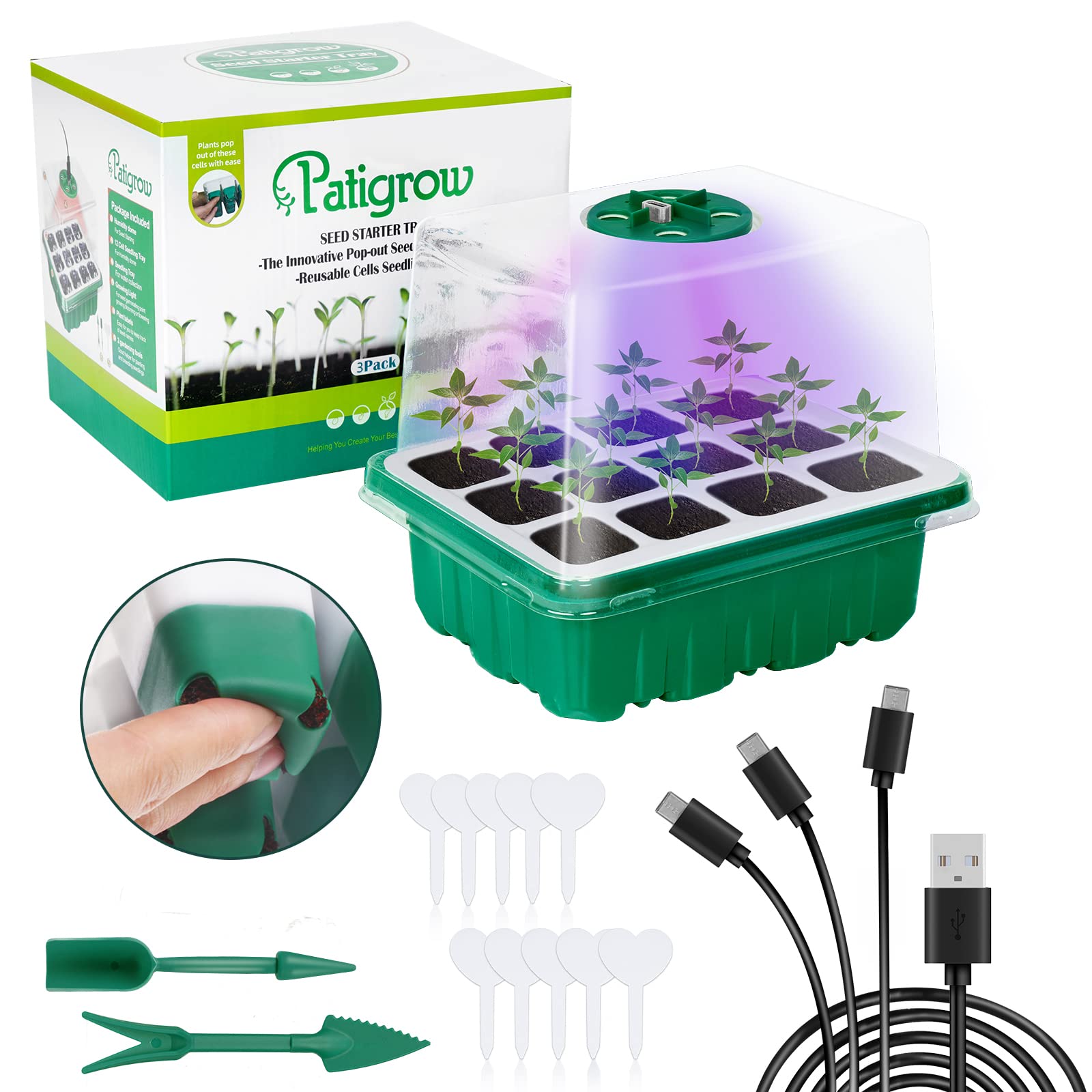 Patigrow 3 Pack Seed Starter Tray with Grow Light, Flexible Silicone 36 Cells Reusable Seed Starter Kit with Humidity Dome, Dishwasher Safe Seeding Starter Trays Indoor Greenhouse for Seed Starting